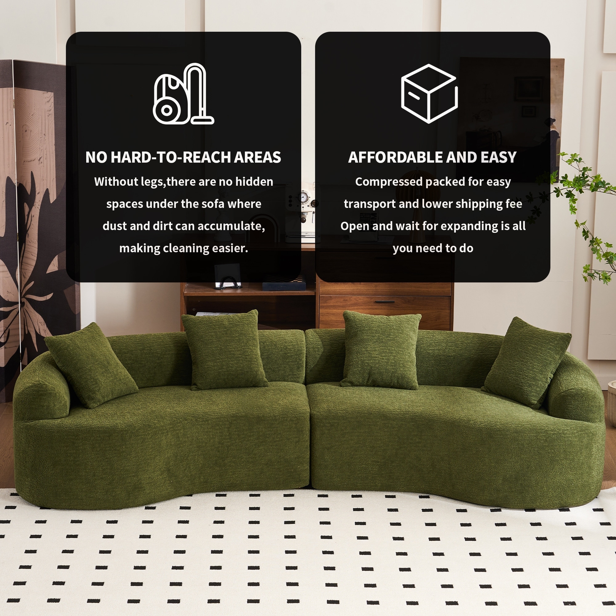 Curved Chenille Sectional Sofa 4 Seat Green Upholstered Leisure Couch