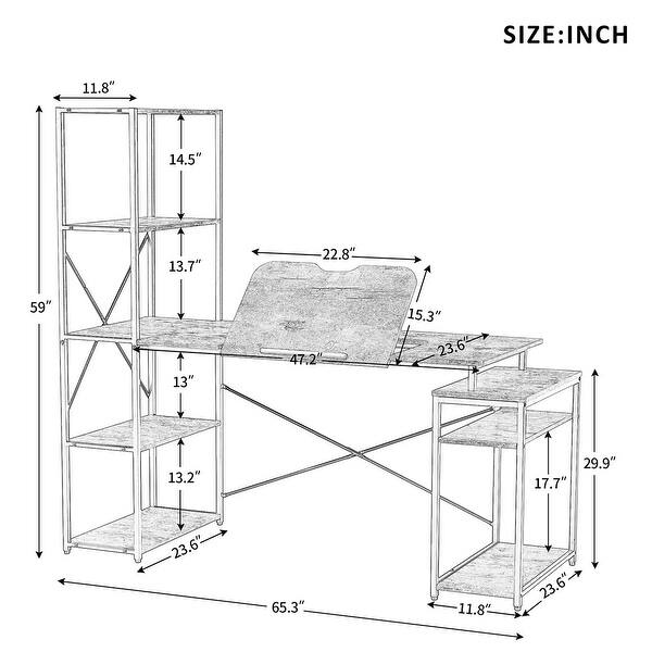Merax Computer Desk with 5-Tier Bookshelf and Multi-Function Drafting ...