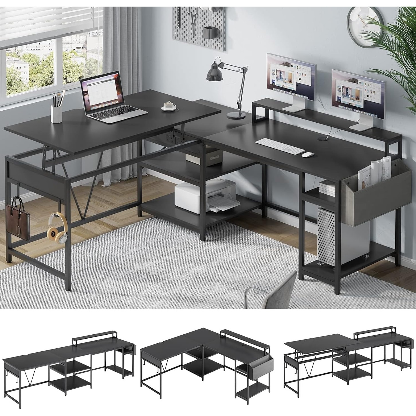 L Shaped Desk with Lift Top Convertible Home Office Desk - On Sale ...