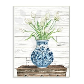 Stupell Tulip Bouquet in Blue Ceramic Vase White Floral Design Wood ...