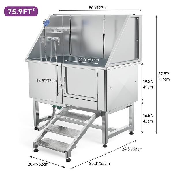 50'' W Stainless Steel Adjustable Pet Grooming Tub with Steps Ramp ...