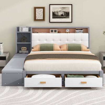 Queen Size Low Profile Platform Bed Frame with Upholstery Headboard and ...