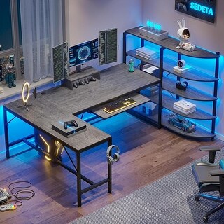 L Shaped Gaming Desk with Power Outlets & LED Strip - On Sale - Bed ...