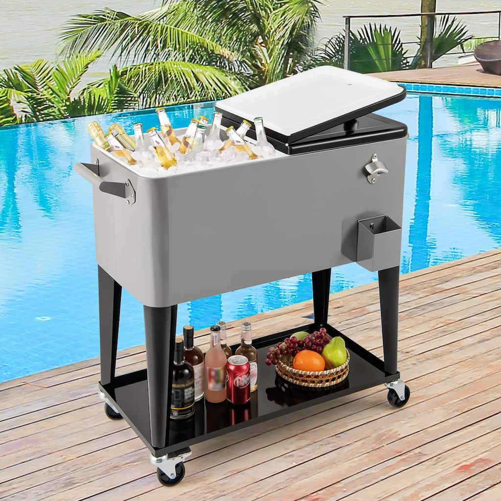 80 Quart Rolling Cooler Cart Outdoor Beer Beverage Cooling Ice Chest ...
