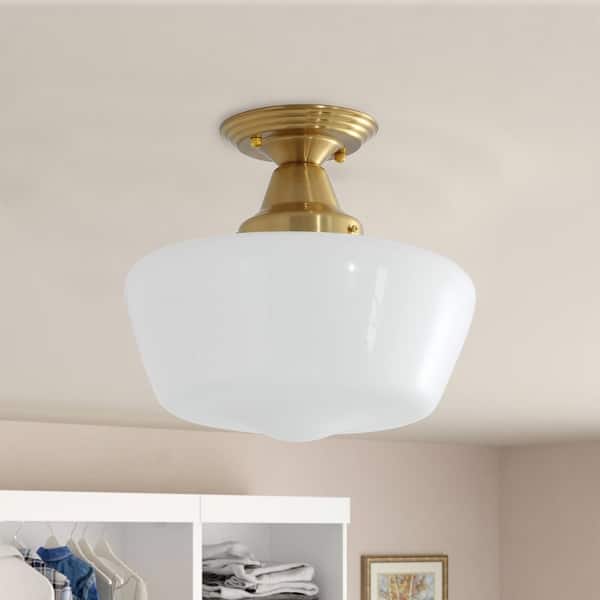 Vintage Gold 1-Light White Glass Semi Flush Mount Lighting Fixture - On ...