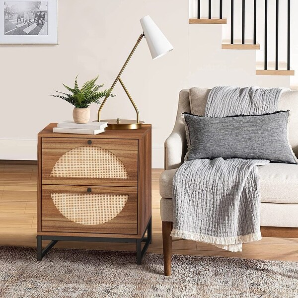 Modern Minimalism Nightstand Bohemian Wood Bedside Table with Woven Rattan Drawers Sofa Side Table Rustic Farmhouse End Table On Sale Bed Bath Beyond 35724587