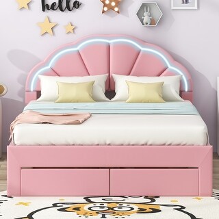 Kids Queen Bed Frame Upholstered Platform Bed with LED Seashell Shaped ...