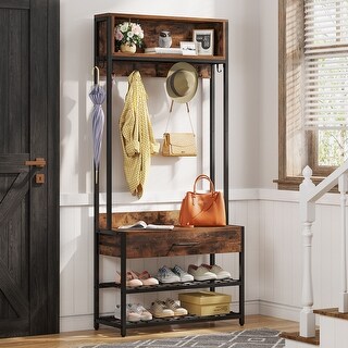 3-in-1 Rustic Brown Industrial Hall Tree with Shoe Bench and Hutch - On ...