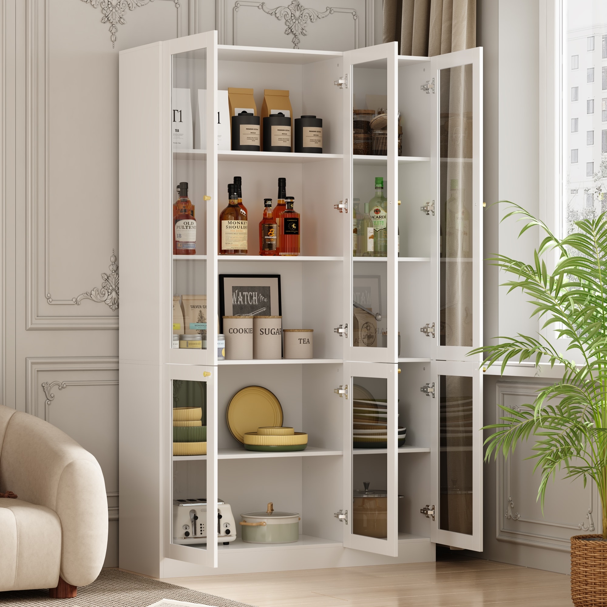 Curio Display Cabinet Storage Shelves with 6 Glass Door 78.7 H White