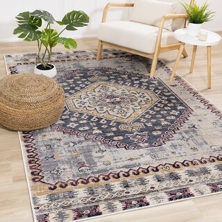 Sheffield Collection - Grey/Blue Medallion Border Rug - Bed Bath ...