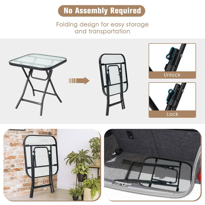 Patio Folding Square Glass Side Table Bistro Coffee Table Plant Stand ...