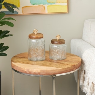 Clear Glass Scroll Living Room Decorative Jars with Brown Wooden Lids ...