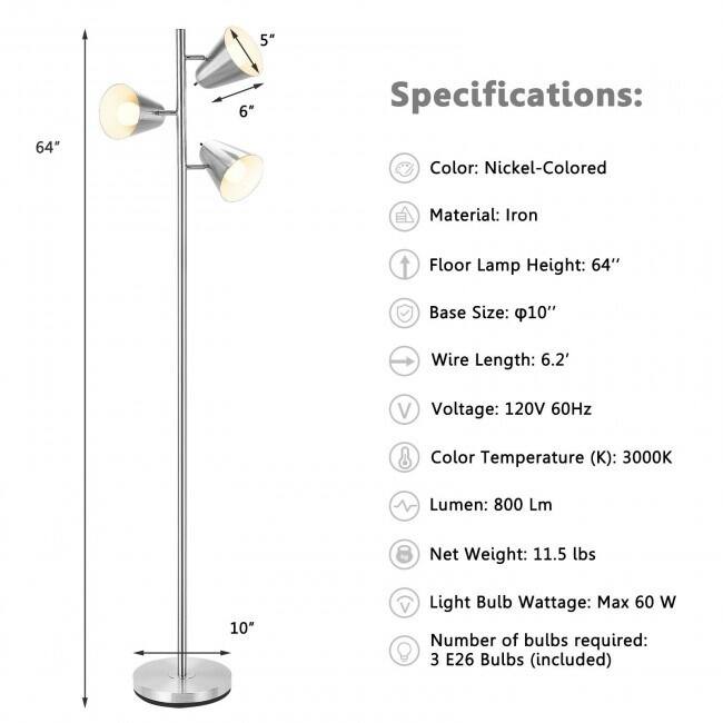 Global Pronex 64" 3-Light LED Floor Lamp Reading Light for Living Room ...