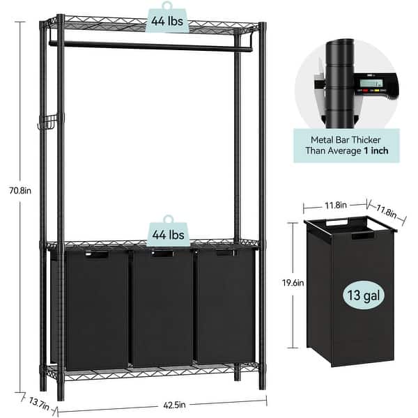 Laundry Hamper Sorter with Garment Rack Hanging Rod Storage Shelf - Bed ...