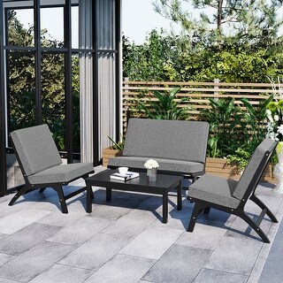 Black+ Gray 4-Piece V-Shaped Seats Set, Acacia Solid Wood Outdoor Sofa ...