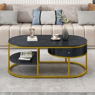 Modern Marble Top Coffee Table Oval End Table Metal Frame Center Table ...