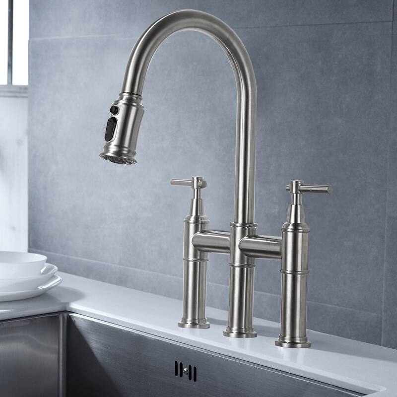 Double Handle Bridge Kitchen Faucet with Pull-Down Sprayhead ...