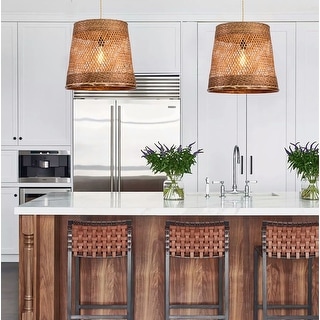 Natural Rattan Kitchen Island Brown Cylinder Pendant 17.7 in. - Bed ...