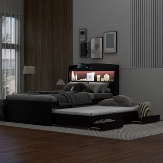 Light Strip Bed with Charging, Trundle, 2 Drawers, Full, Dark Brown ...