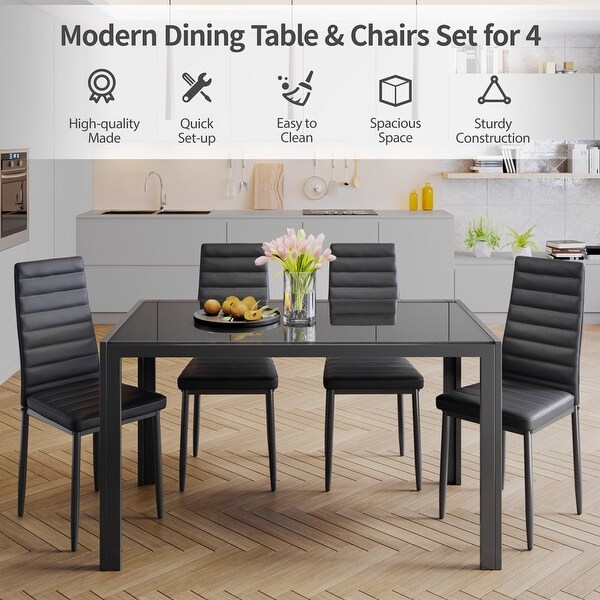 5 Pieces Glass Dining Table Set 4 Person Modern Home Kitchen Chairs with High Back PU Leather Dining Chairs