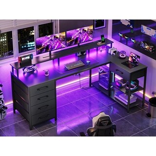 L Shaped Gaming Desk with Power Outlets & LED Strip - On Sale - Bed ...