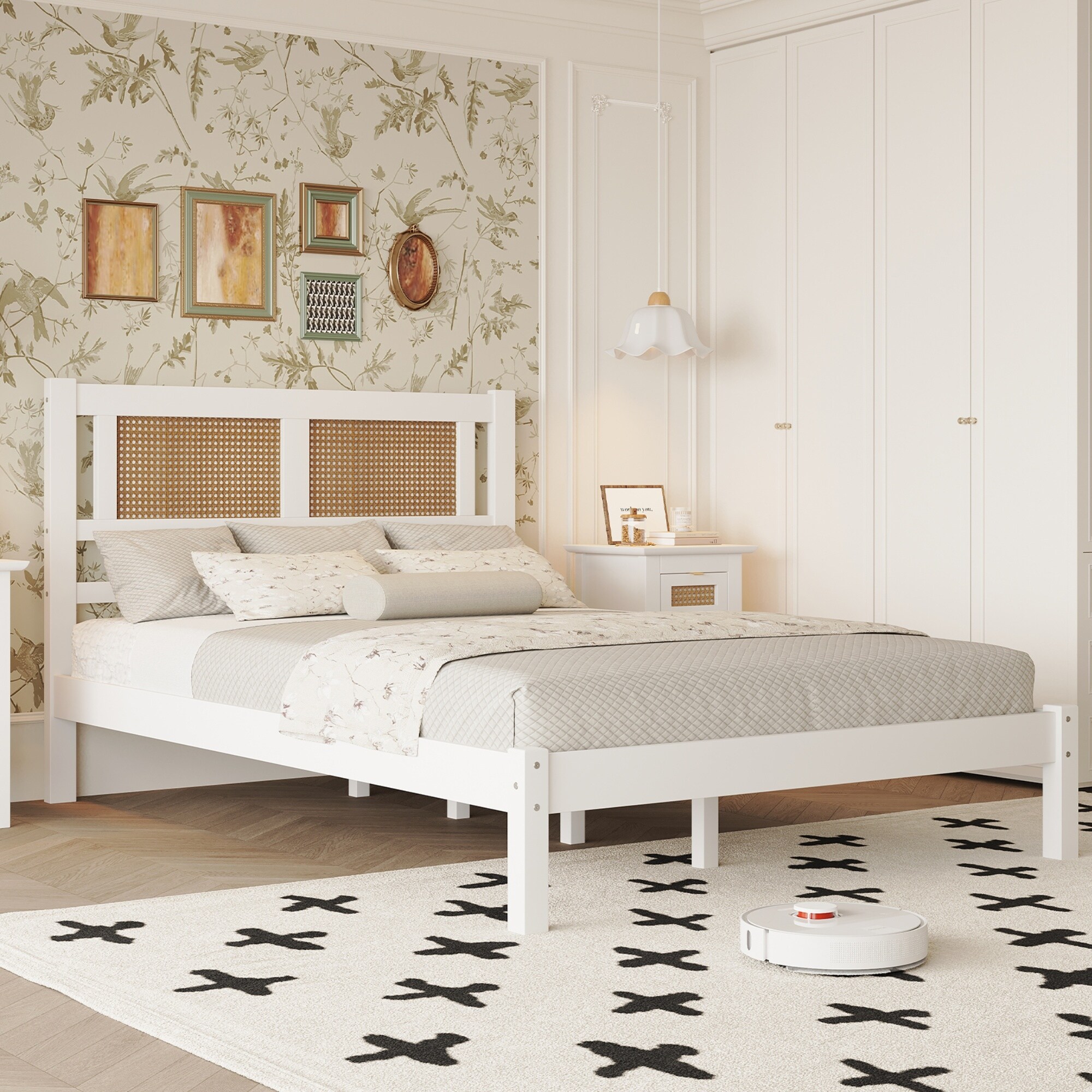 Full Size Bed Frame with Natural Rattan Headboard Modern Wood Platform Bed for Bedroom Wood Slat Support Bed Frame White Bed Bath Beyond 40586001