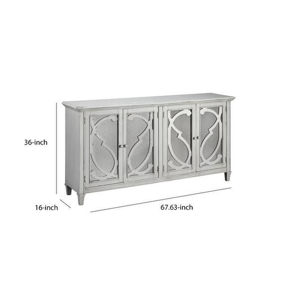 Filigree Front Mirrored Glass 4 Door Cabinet with Distressed Detail ...