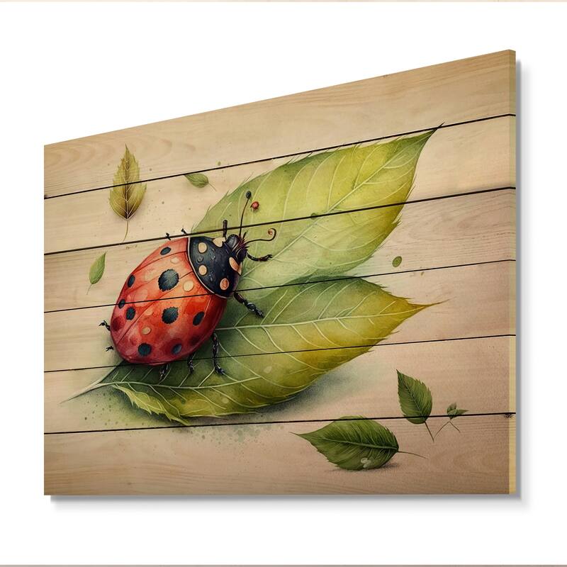 Designart 'Ladybug On A Leaf' Animals Butterfly Wood Wall Art - Natural ...