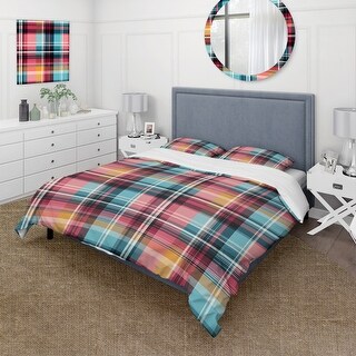 Designart "Bohemian Pink And Blue Plaid Pattern " Plaid bedding set ...