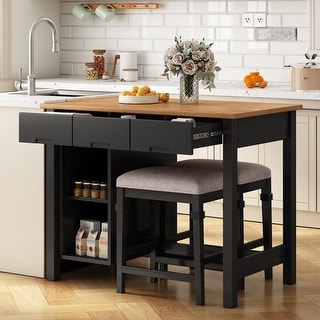 Farmhouse 3-piece 45" Stationary Rubber Wood Kitchen Island Set with 2 ...