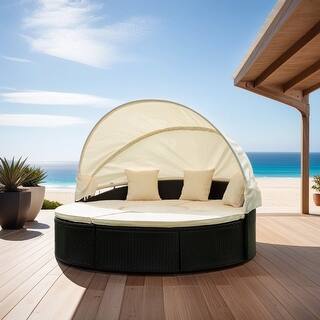 Outdoor Patio Black Wicker Round Daybed with Retractable Canopy and ...
