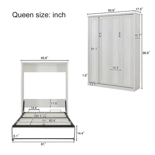 Queen Size Murphy Bed Wood Wall Bed with 2 Side Cabinet Storage Shelf Multi Function Folding Cabinets Rustic White