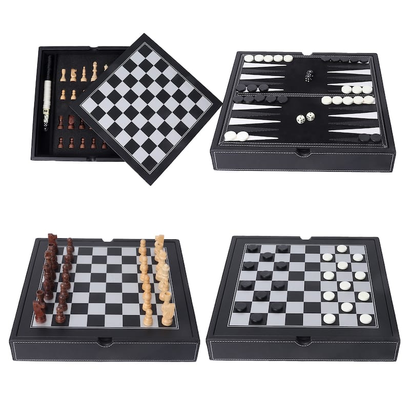 GSE™ 12.5" Premium Leather 3-in-1 Chess, Checker and Backgammon Board ...