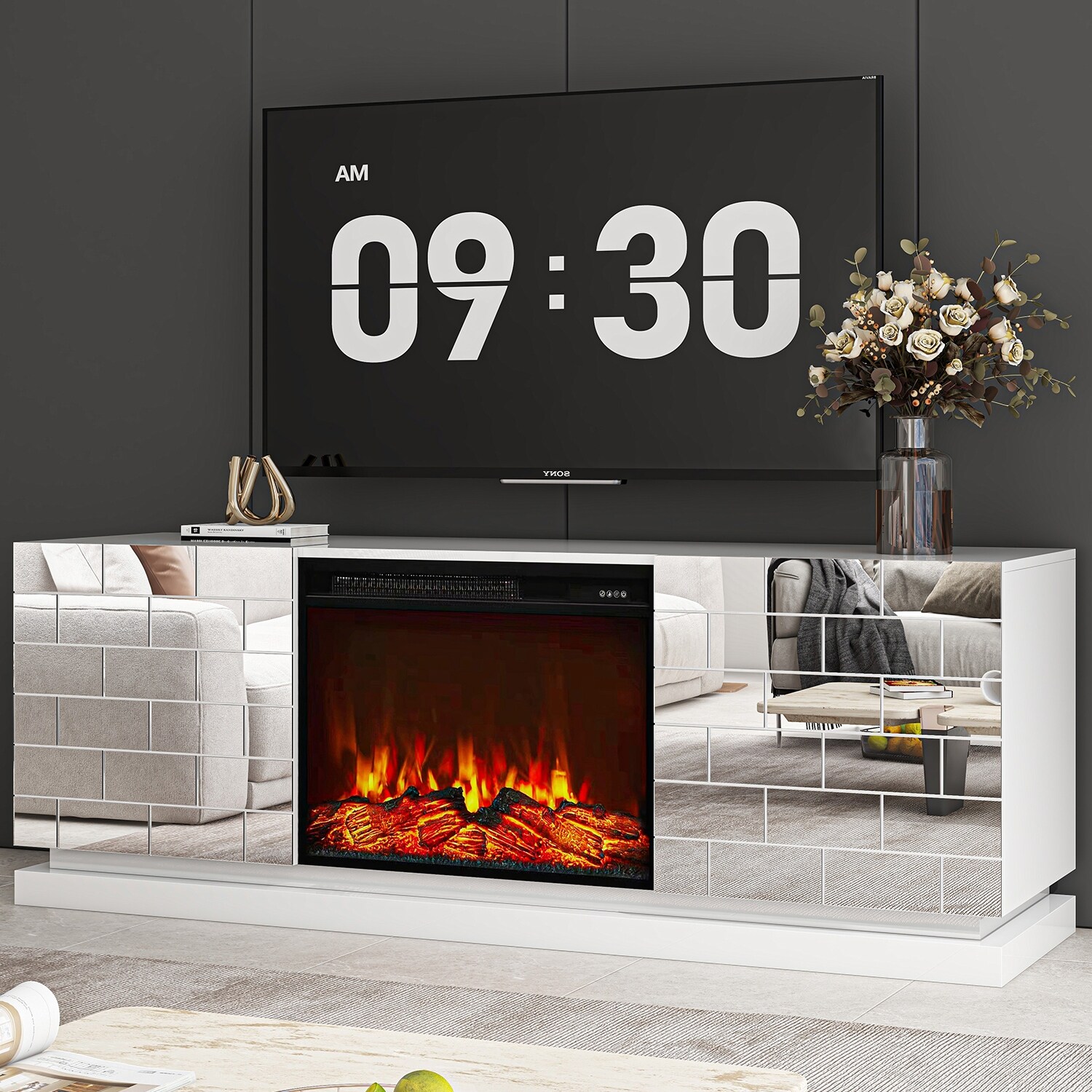 Tv stand with fireplace silver store