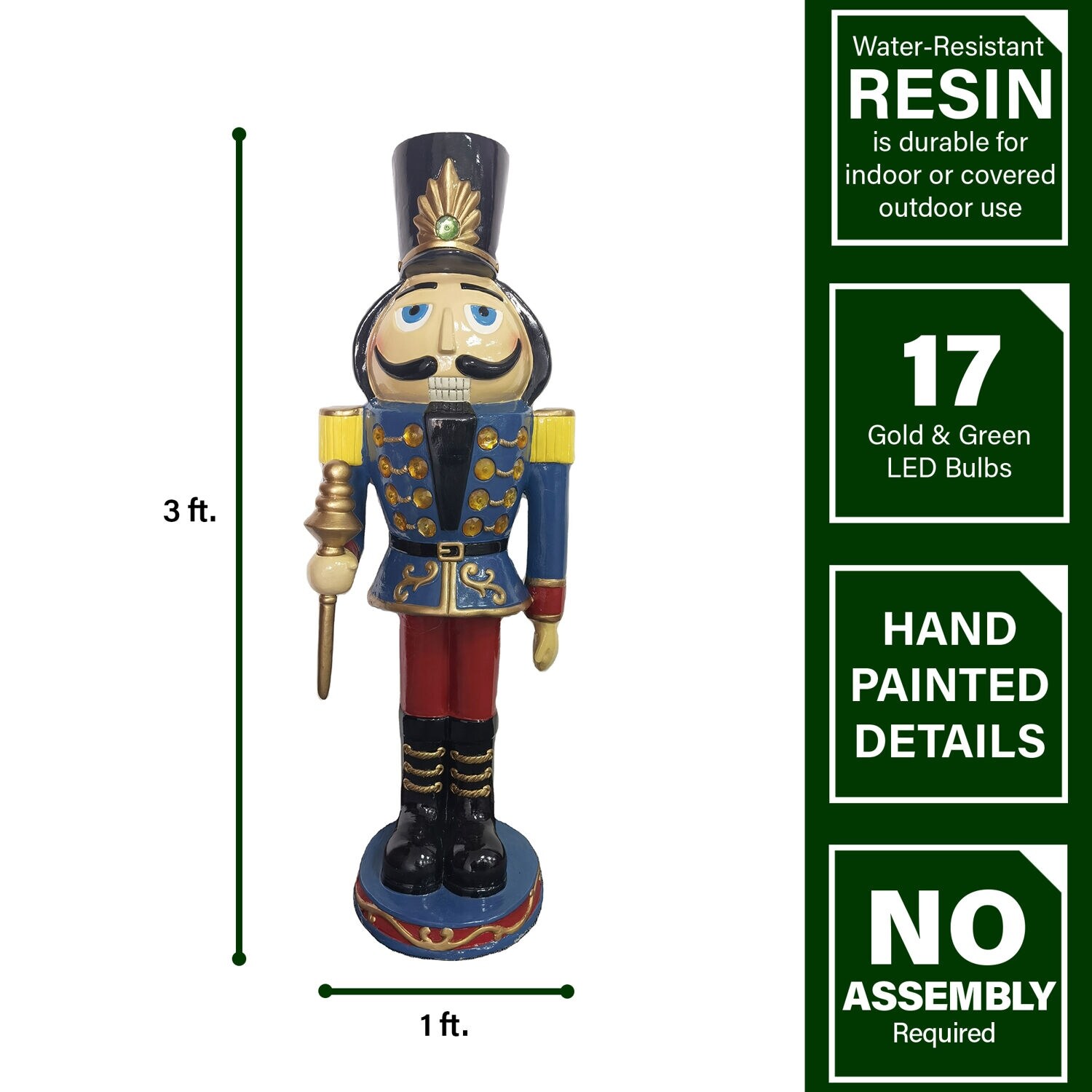 Fraser Hill Farm 3 Ft. Nutcracker Toy Soldier Holding a Staff Resin Statue w LED Lights Indoor or Outdoor Christmas Decor Bed Bath Beyond 34715251