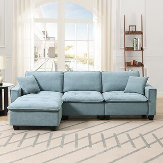 Piping Design Chaise Lounge wOttoman Sectionals Sofa Set, Light Blue ...