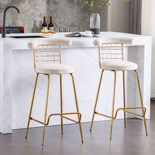2-Piece Luxury Velvet High Bar Stool Dining Chairs with Metal Legs and ...