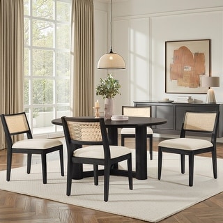 Aram Mordern Solid Wood Dining Chairs with Woven Rattan Backrest and ...