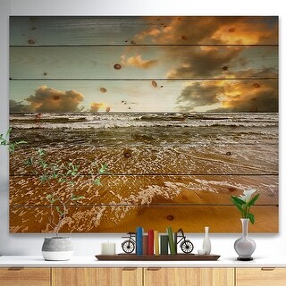 Designart 'Brown Tinged Beach And Cloudy Sky' Nautical & Coastal Wood ...
