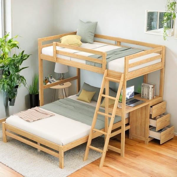 Natural Twin over Full Bunk Bed with Built-in Desk and Three Drawers ...