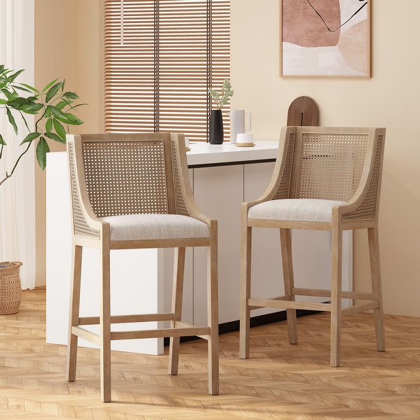 Breck Rustic Fabric Upholstered Wood And Cane 30 Inch Barstools Set Of