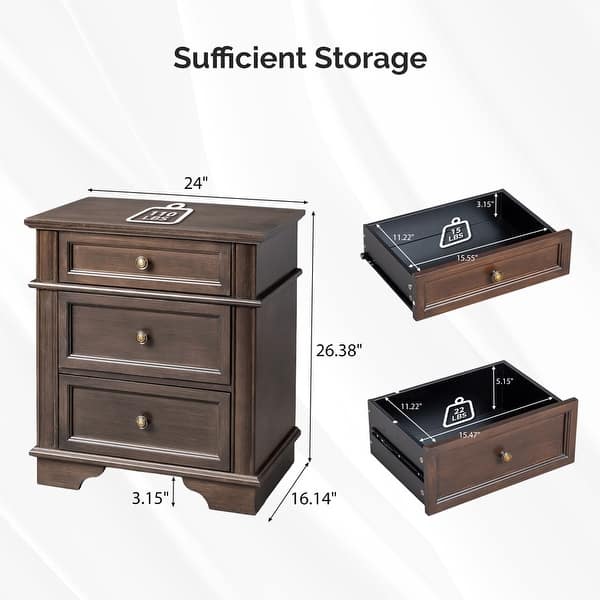 Antique Brushed Finish Brown P2 MDF and Solid Wood 3-Drawer Nightstand ...