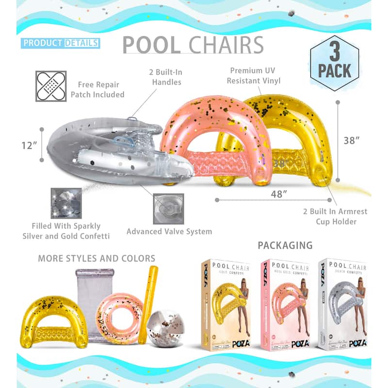 POZA Inflatable Pool Float Chair Filled with Sparkle Confetti - 3 Pack ...