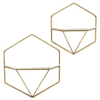 Decor Wall Shelf Set of 2, Hexagonal Gold Metal Frames, Crisp White ...