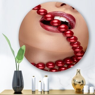 Designart 'Woman Mouth With Red Lipstick Biting Red Pearls' Modern ...