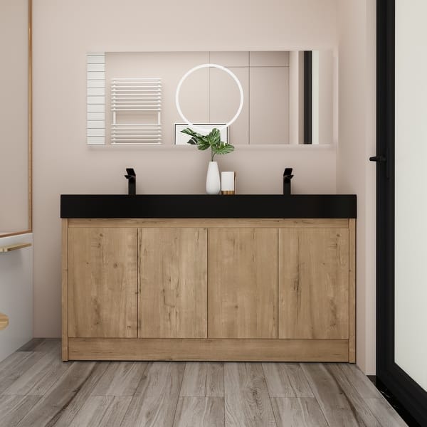 BNK 24/30/48 inch Freestanding Resin Sink Bathroom Vanity with Soft Close Door and adjustable ...