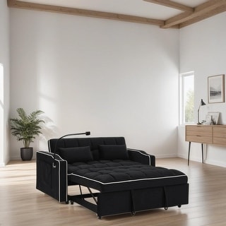 Velvet Upholstered Pull-Out Foldable Futon Sofa Bed, Adjustable Back ...