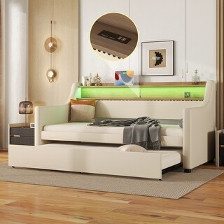 Twin Upholstered Daybed with Trundle, LED Lights, and Charging Station ...