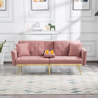Pink Velvet Convertible Futon Sofa Bed with Adjustable Backrest and Cup ...