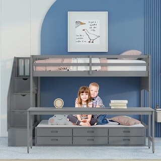 Gray Stairway Twin XL Storage Wood Loft Bed with Twin Trundle / 3 ...